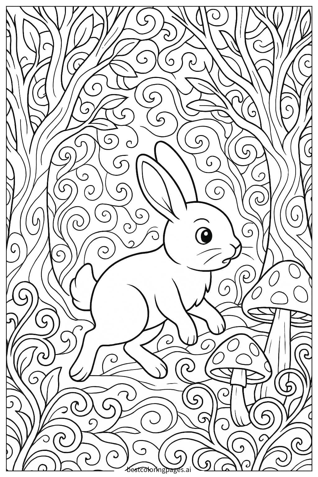 Bunny Exploring a Magical Forest Coloring Page - Free Printable ...