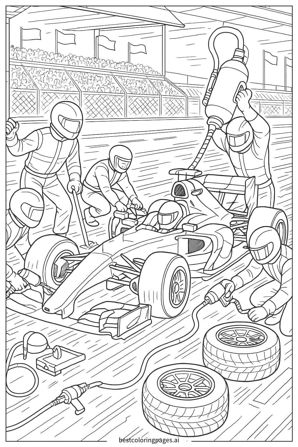Pit Stop Team in Action: Changing Race Car Tires Coloring Page - Free ...
