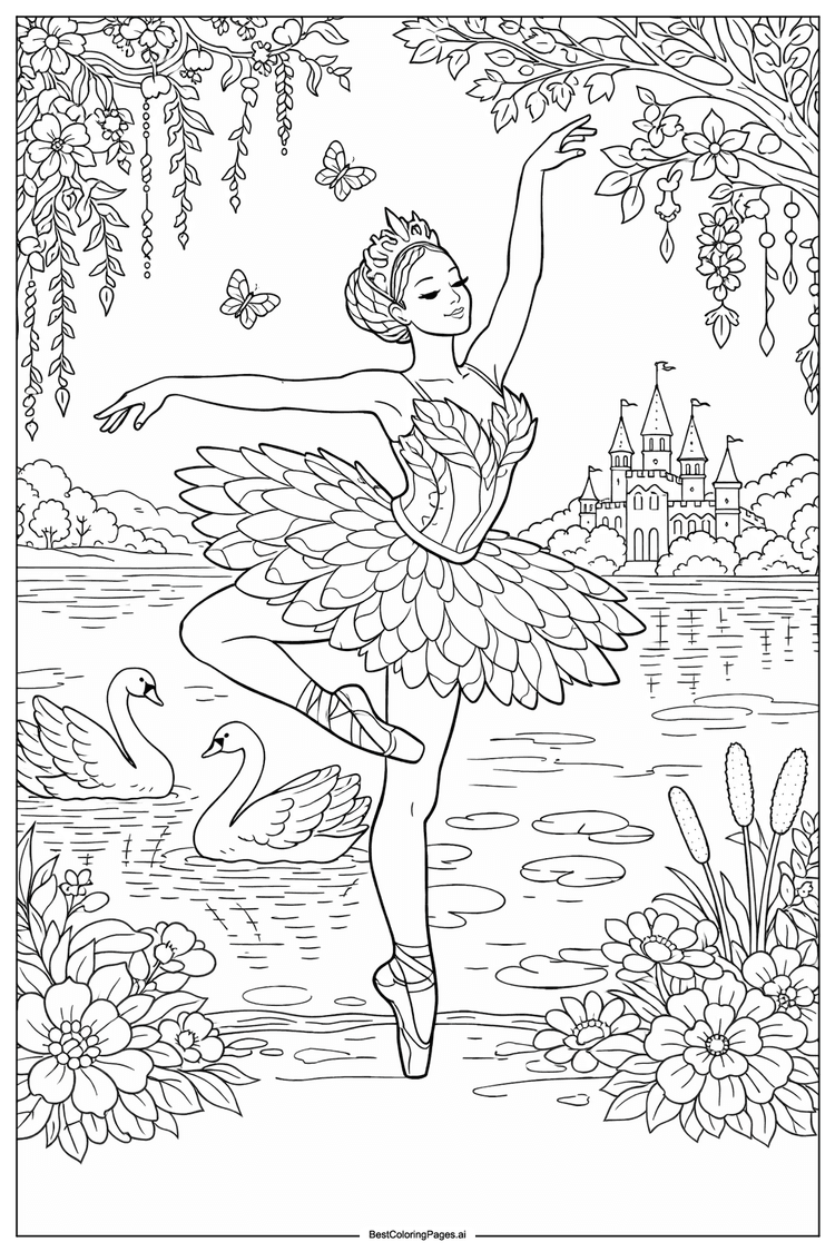 Ballerina in Swan Lake scene Coloring Page - Free Printable ...