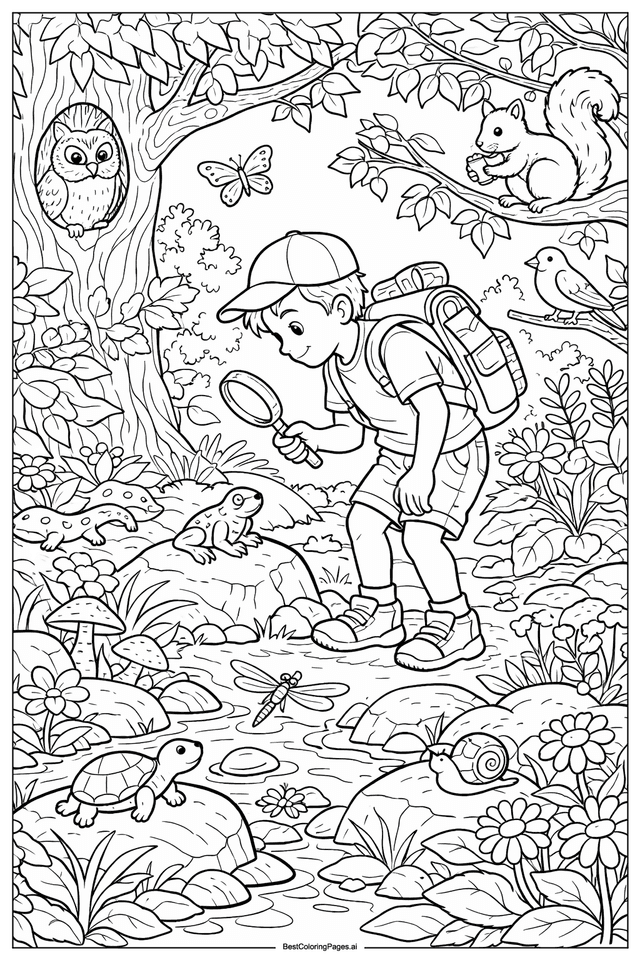 boy exploring forest Coloring Page - Free Printable | BestColoringPages AI