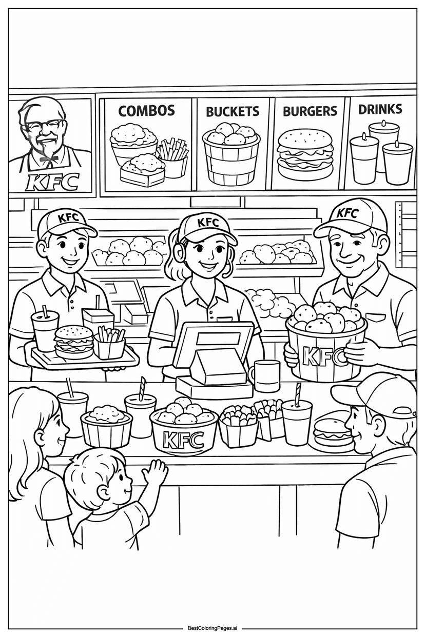 Busy KFC counter scene Coloring Page - Free Printable ...