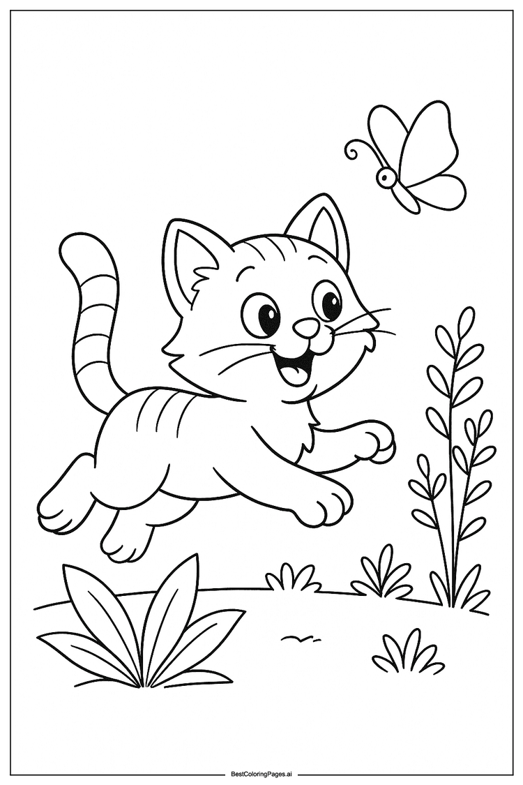 Cat chasing butterfly Coloring Page - Free Printable | BestColoringPages AI