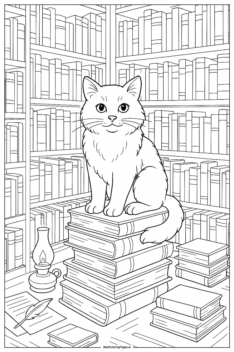 Cat in the library Coloring Page - Free Printable | BestColoringPages AI