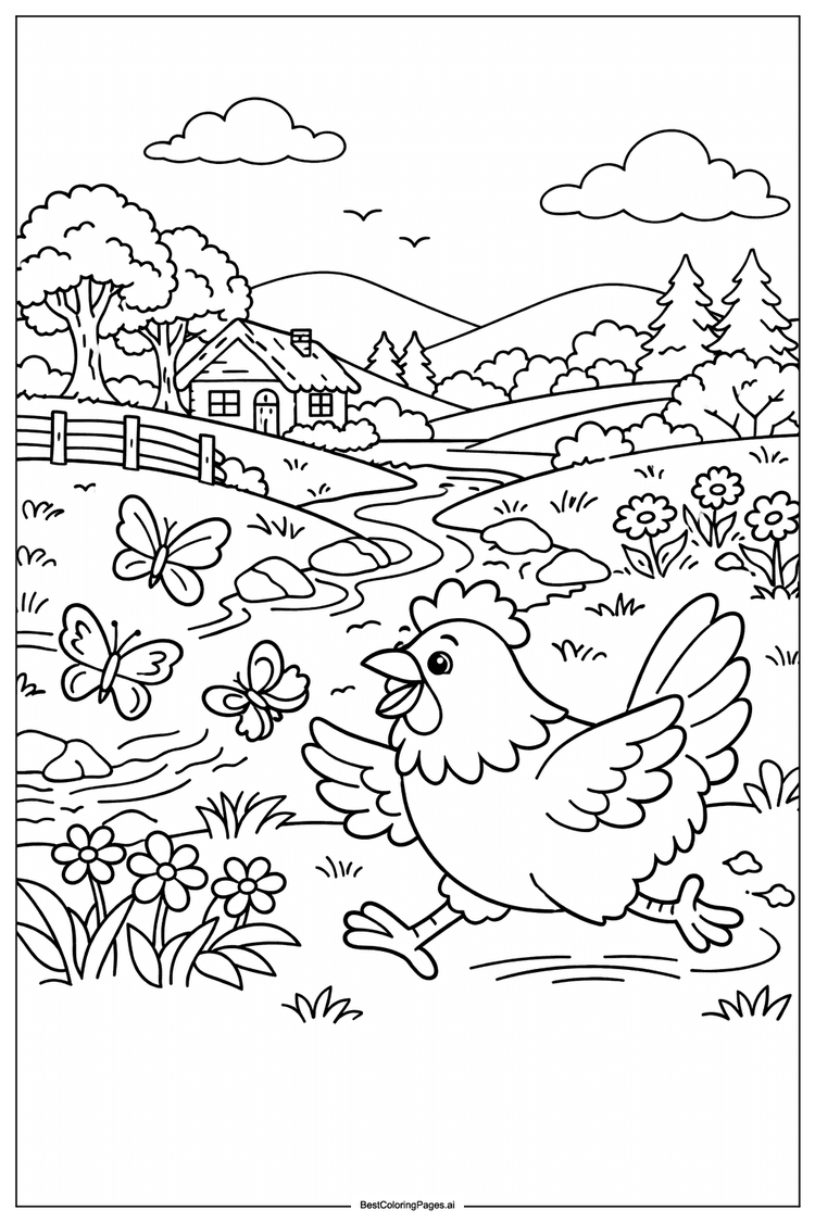 chicken chasing butterflies Coloring Page - Free Printable ...