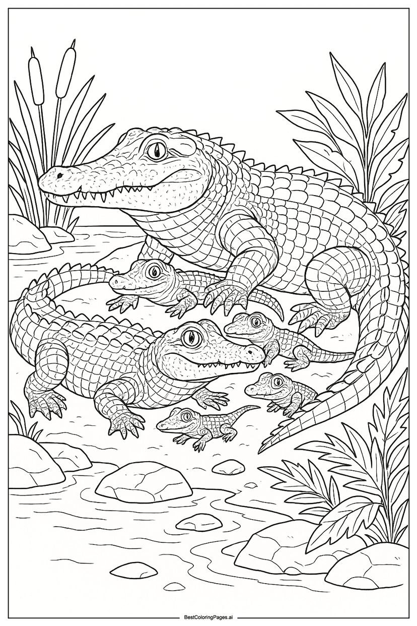 Crocodile family on riverbank Coloring Page - Free Printable ...