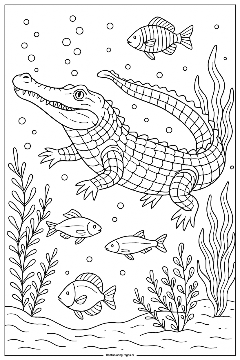 Crocodile swimming with fish Coloring Page - Free Printable ...