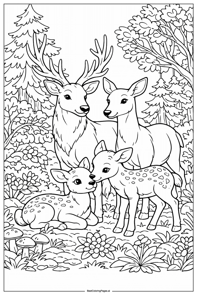 Deer family in forest Coloring Page - Free Printable | BestColoringPages AI