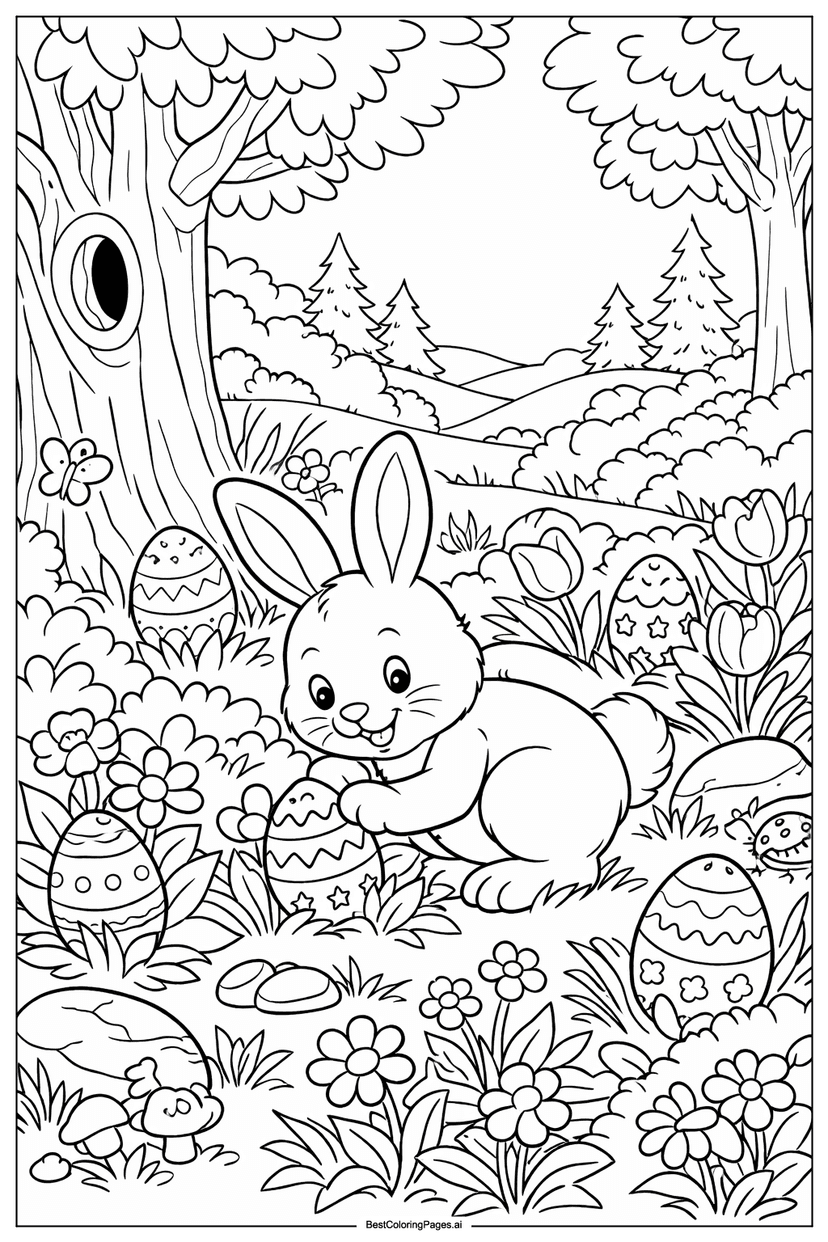 Easter bunny hiding eggs in forest Coloring Page - Free Printable ...