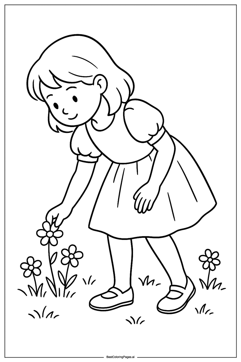 Girl in dress picking flowers Coloring Page - Free Printable ...