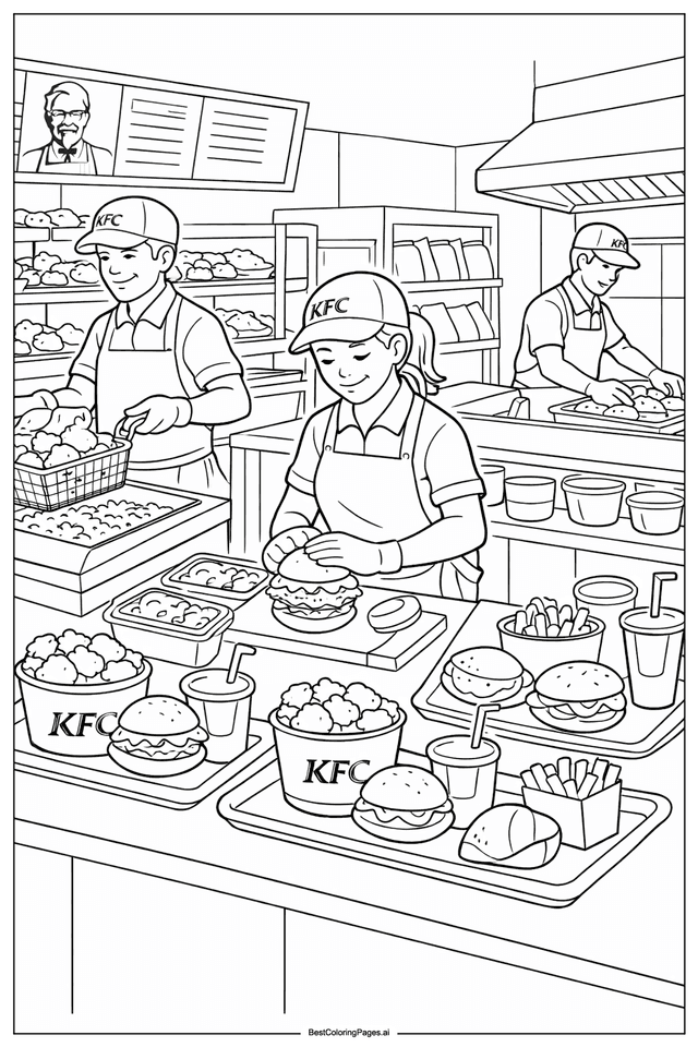 KFC kitchen scene Coloring Page - Free Printable | BestColoringPages AI