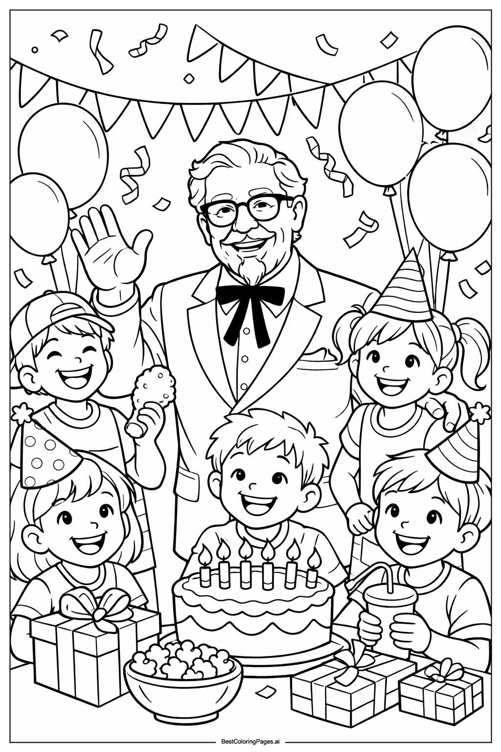 KFC mascot with kids Coloring Page - Free Printable | BestColoringPages AI
