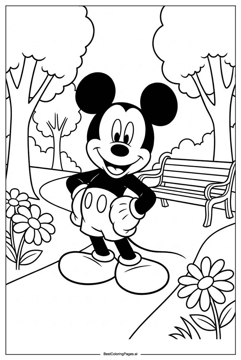 Mickey mouse in park Coloring Page - Free Printable | BestColoringPages AI