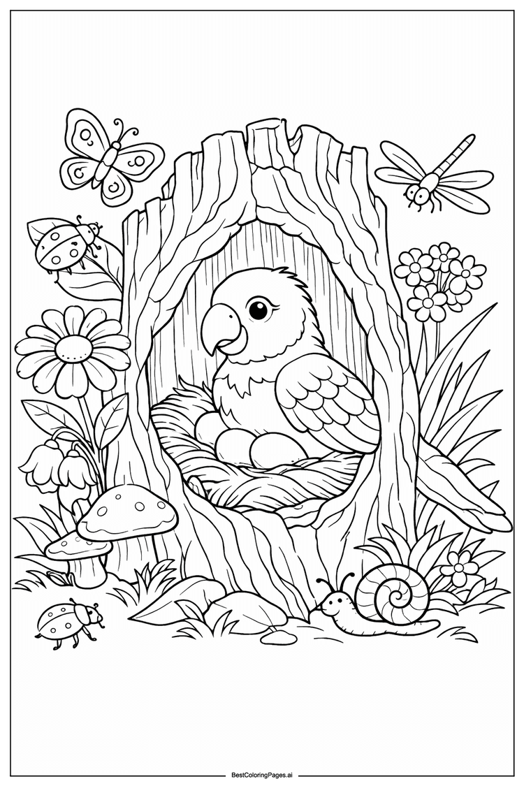 Parrot nesting in hollow tree Coloring Page - Free Printable ...