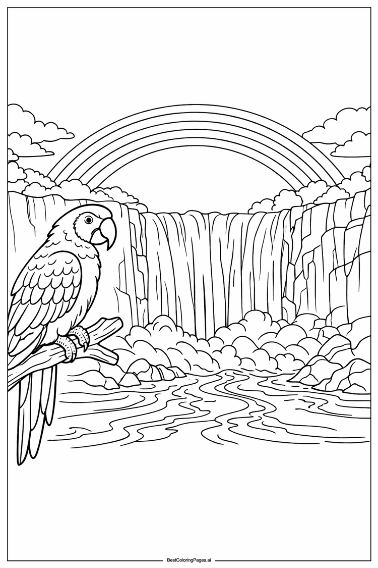 Parrot with waterfall and rainbow Coloring Page - Free Printable ...