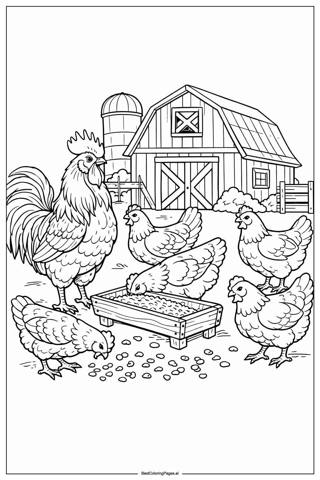 rooster and hens on farm Coloring Page - Free Printable ...