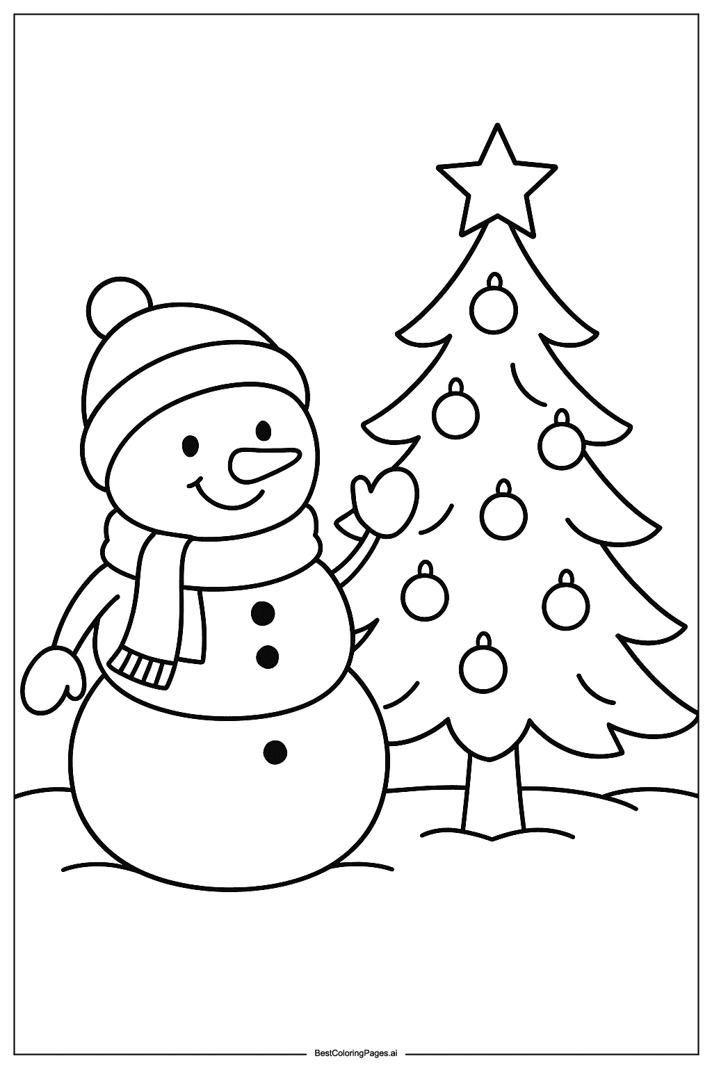 Snowman next to Christmas tree Coloring Page - Free Printable ...