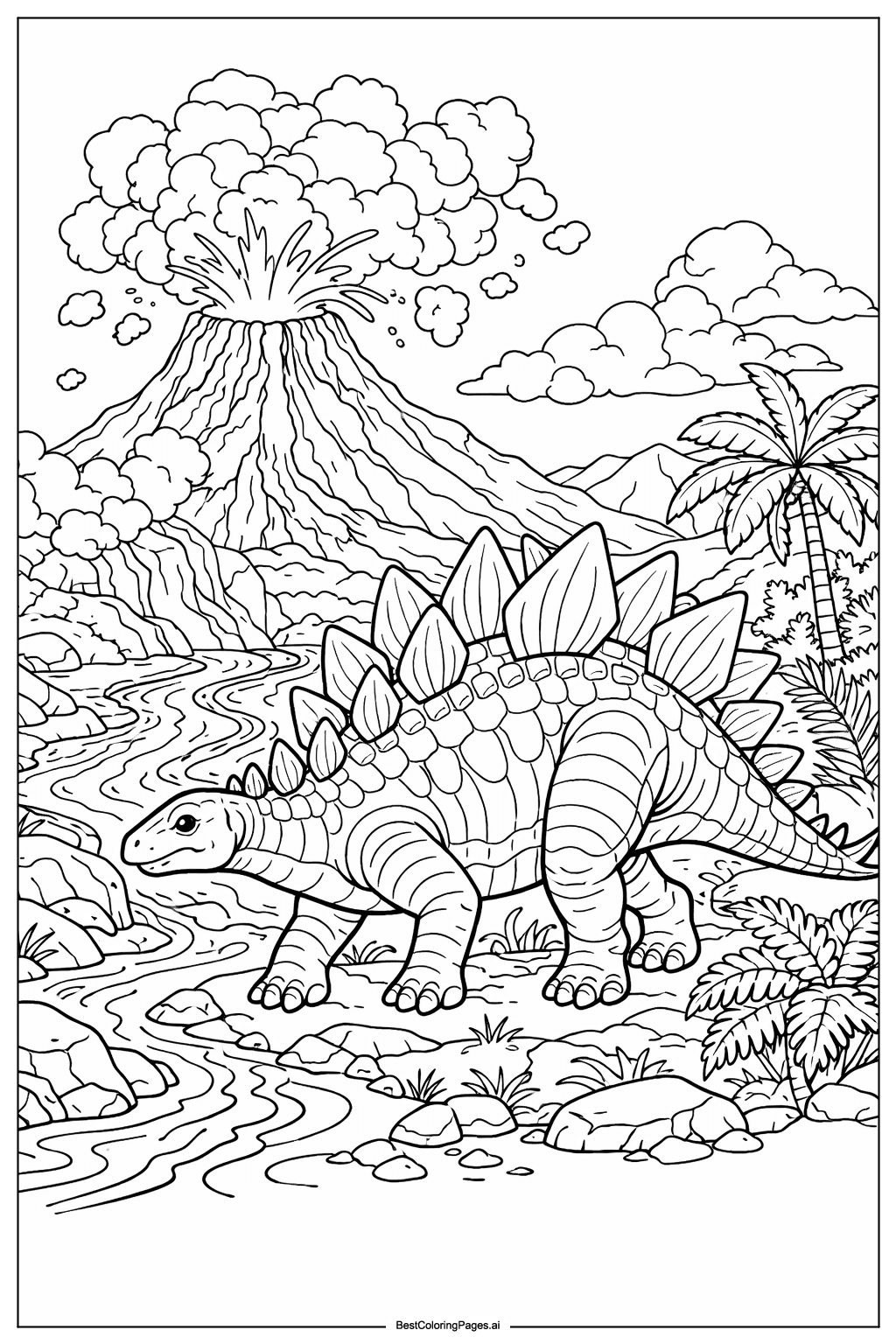 Stegosaurus with volcano Coloring Page - Free Printable ...